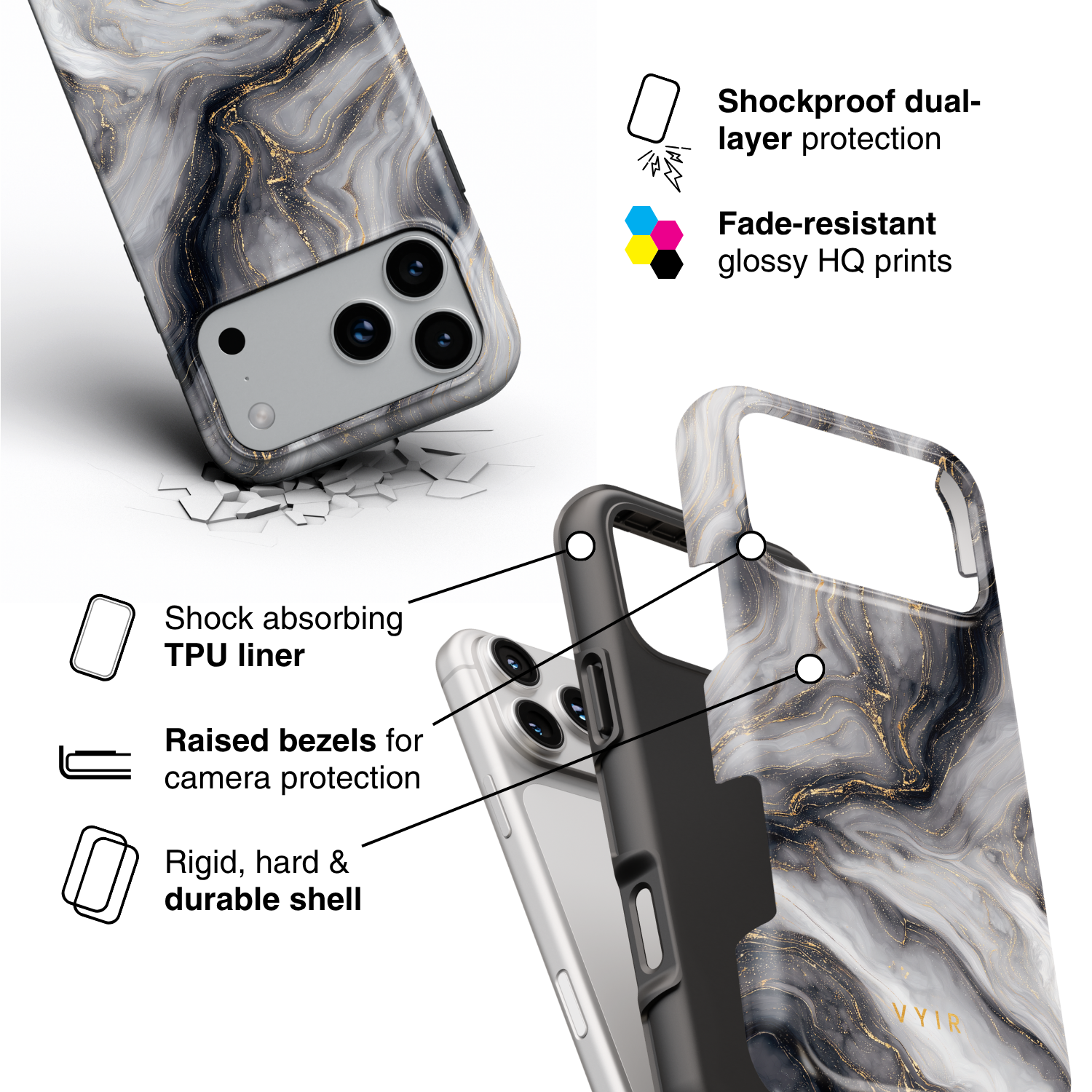 Golden Luxe Marble Black - Shockproof Phone Case – VYIR